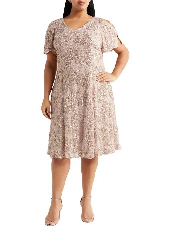 Alex Evenings Soutache Lace Sequin Dress - Buff