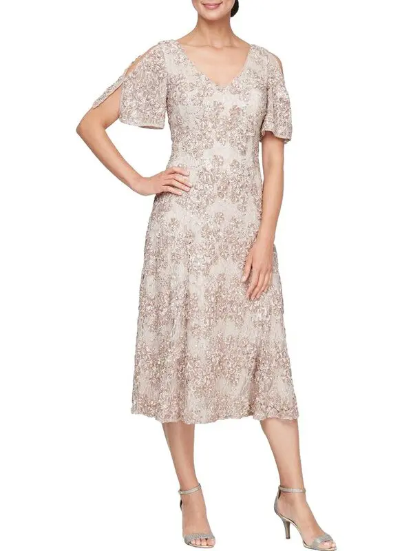 Alex Evenings Sequin Soutache Cocktail Dress - Buff