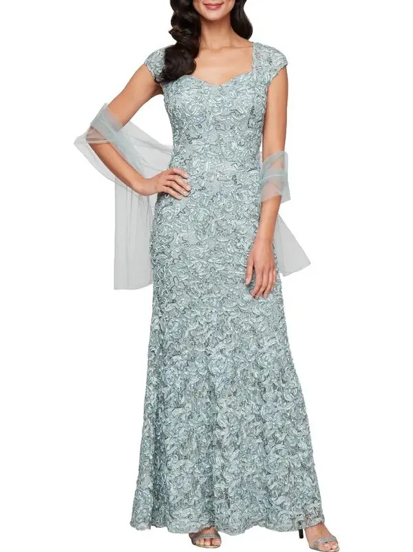 Alex Evenings Soutache Mermaid Gown With Shawl - Ice Sage