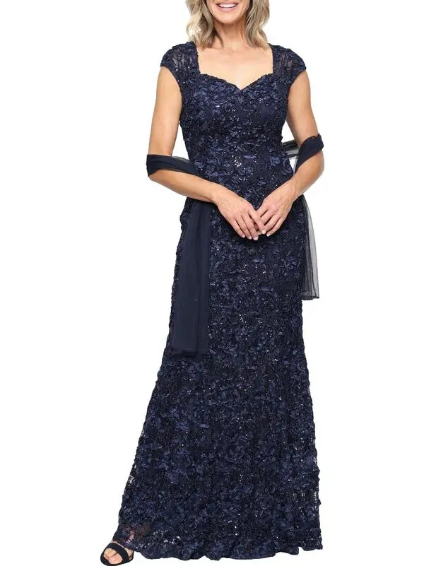 Alex Evenings Soutache Mermaid Gown With Shawl - Navy