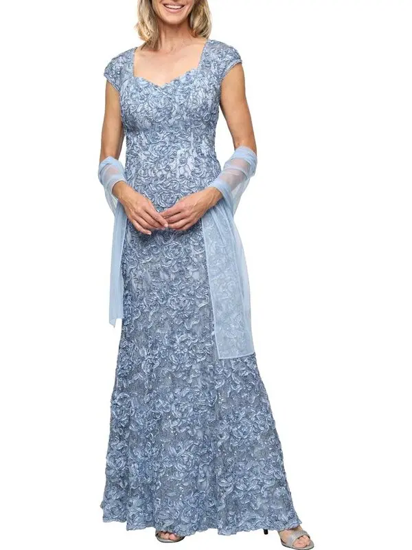 Alex Evenings Soutache Mermaid Gown With Shawl - Skyblue