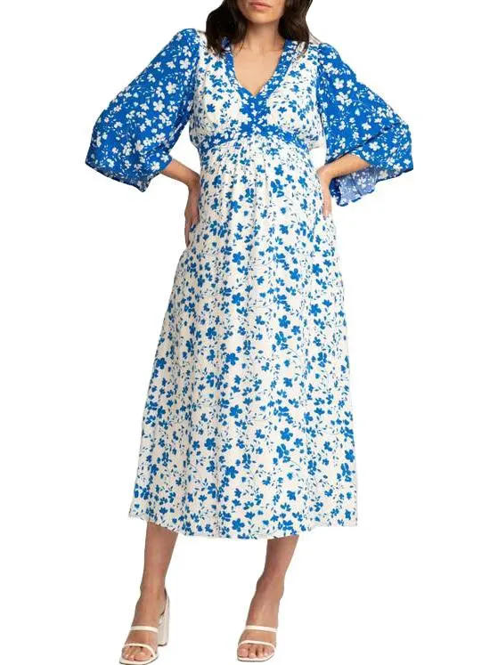 Seraphine Floral Print Maternity/nursing Midi Dress - Blue/white