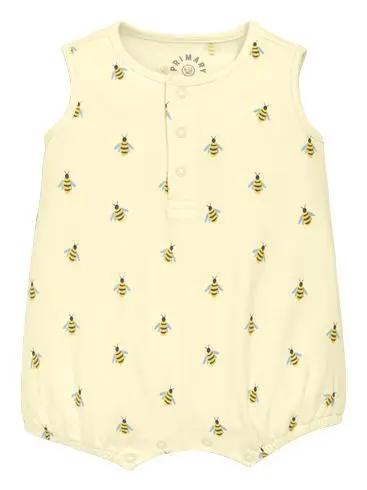 PRIMARY Baby Organic Henley Tank Shortie - Light Banana Bumble Bees