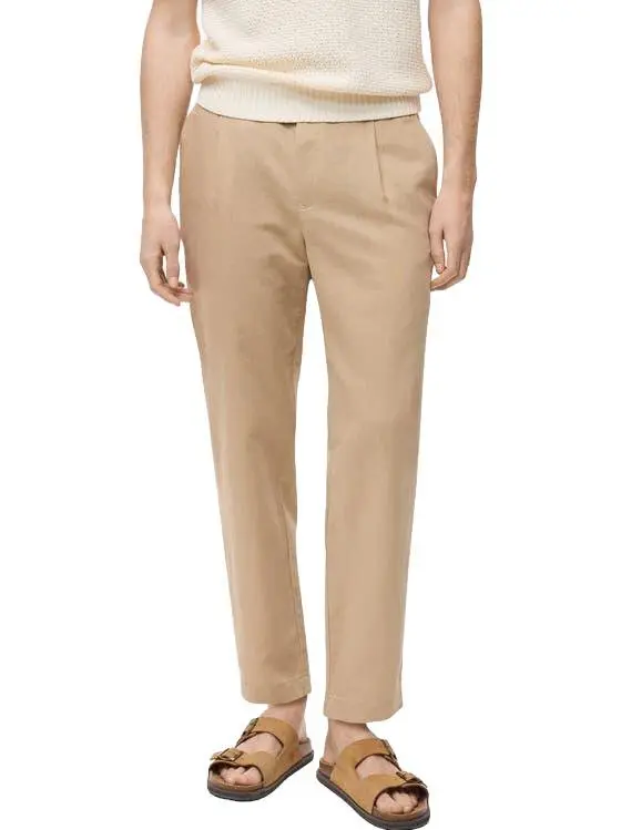 Mango Slim Fit Linen & Cotton Drawstring Pants - Beige