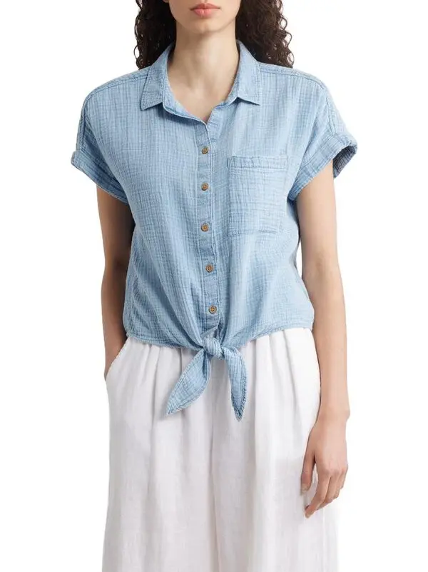 BEACHLUNCHLOUNGE Rosalia Tie-front Cotton Top - Blue Acid Wash