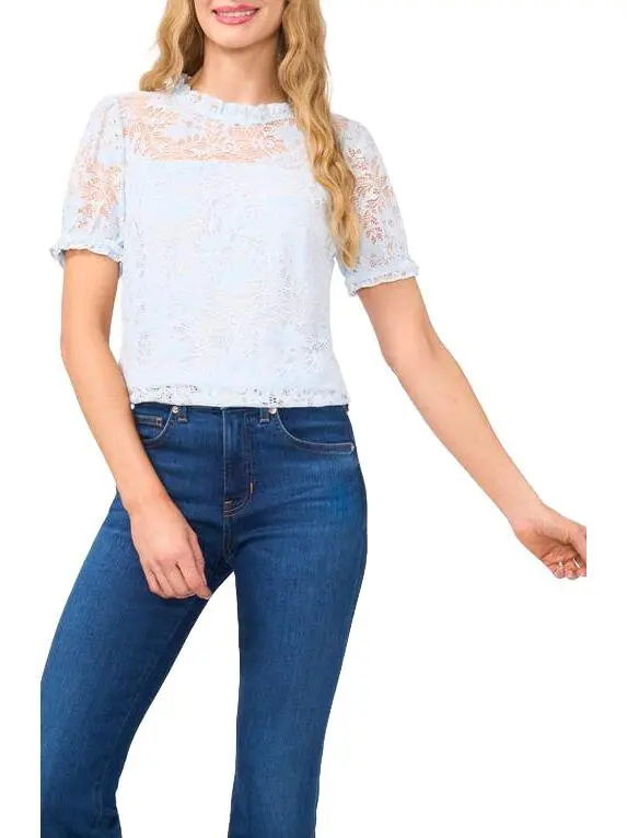 CECE DUPRAZ Puff Sleeve Floral Lace Blouse - Spa Blue