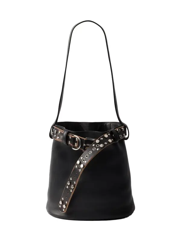 Prada Buckle Leather Bucket Bag With Studded Belt - Black