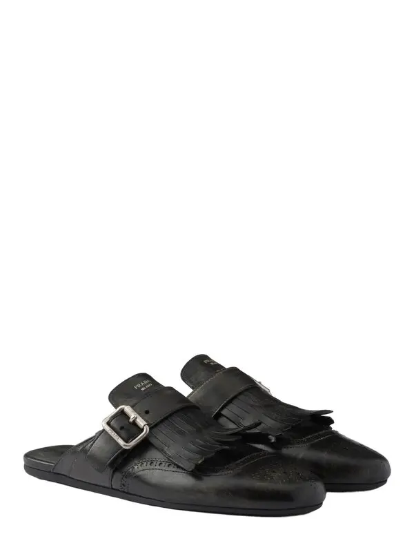 Prada Shuffle Fringed Leather Mules - Black