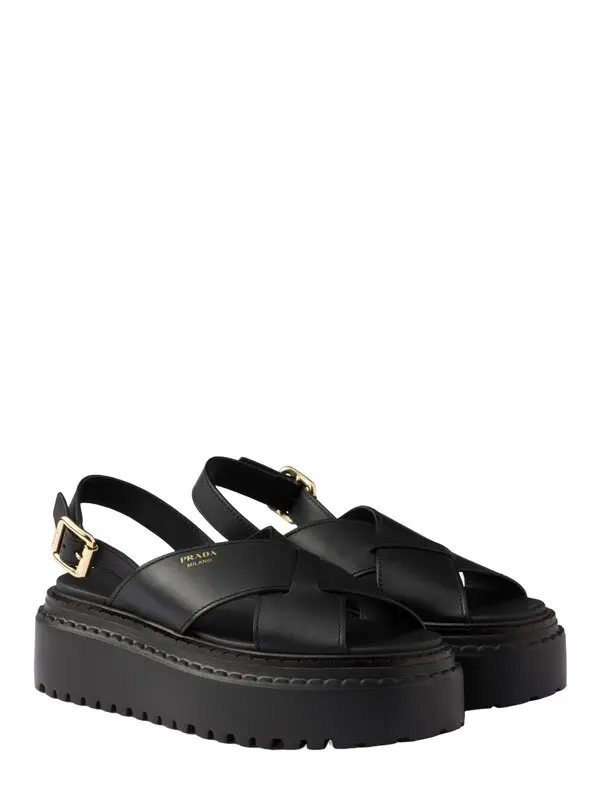 Prada Leather Crisscross Flatform Sandals - Black