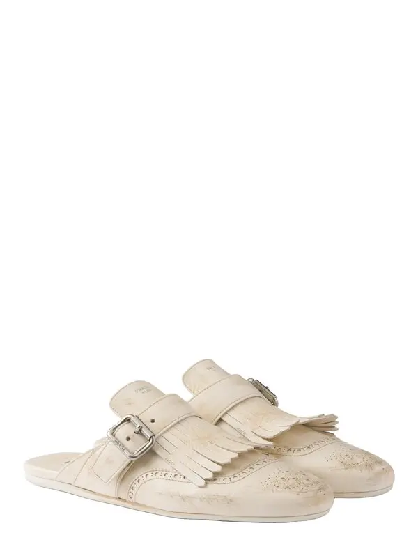 Prada Shuffle Fringed Leather Mules - Neutral