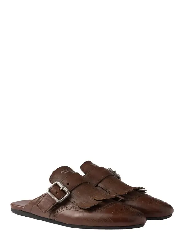 Prada Shuffle Fringed Leather Mules - Brown
