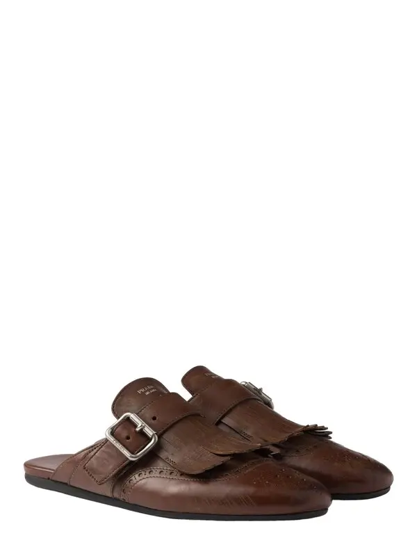 Prada Shuffle Fringed Leather Mules - Cognac