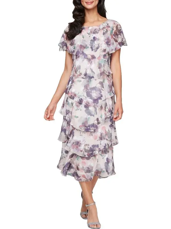 SL FASHIONS Tiered Floral Midi Dress - Blush Multi