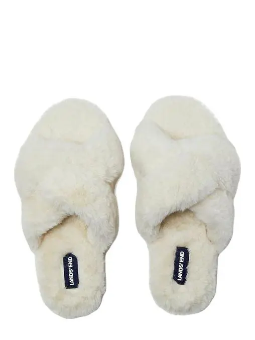 LANDS' END Fluffy Slide Slippers - Natural