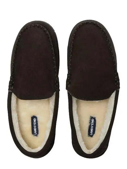 LANDS' END Fuzzy Lined Suede Moccasin Slippers - Dark Mahogany Suede