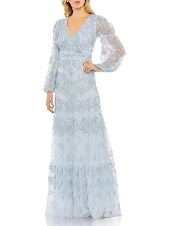 Mac Duggal Sequined Tiered Wrap Gown With Puff Sleeves - Sky Blue