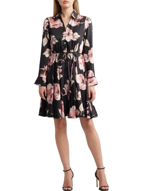 TAHARI ASL Floral Shirtdress - Black Pink