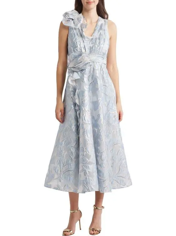 TAHARI ASL Floral Burnout Cocktail Dress - Ice Blue Gold