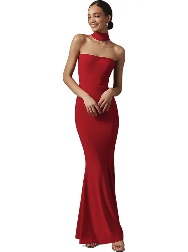 Norma Kamali Turtleneck Strapless Fishtail Gown - Tiger Red