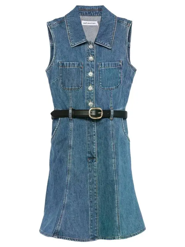 SELF-PORTRAIT Sleeveless Denim Mini Dress - Blue