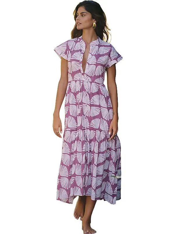 RO'S GARDEN Mumi Cap-sleeve Midi Dress - Purple Pattern
