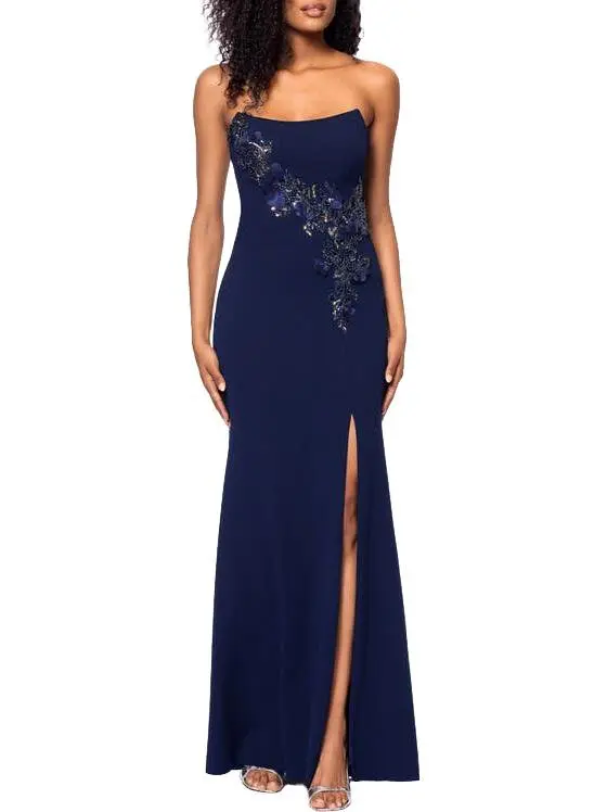 Betsy & Adam Beaded Floral Strapless Gown - Navy