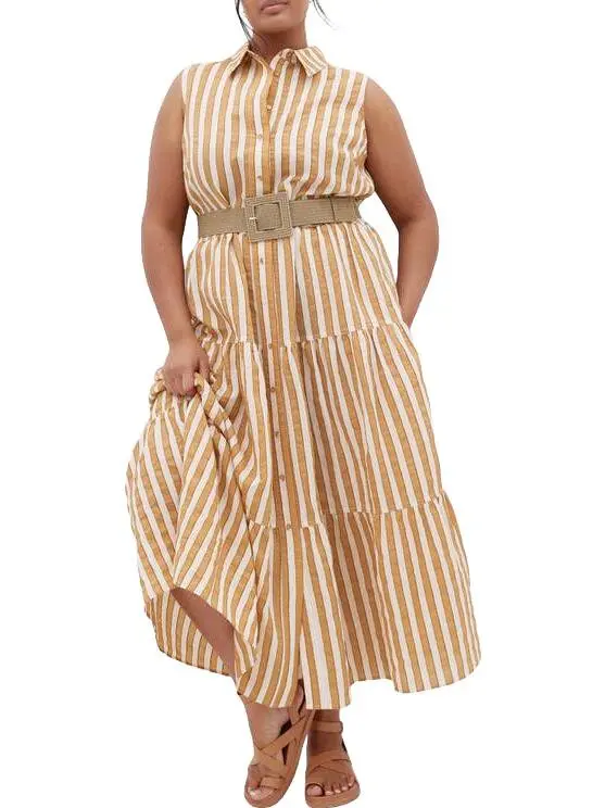 City Chic Clean Lines Belted Midi Shirtdress - Terracotta Stripe