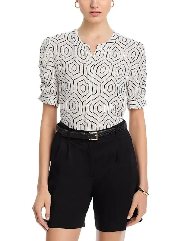 T Tahari Ruched Sleeve Blouse - Diamond Dot