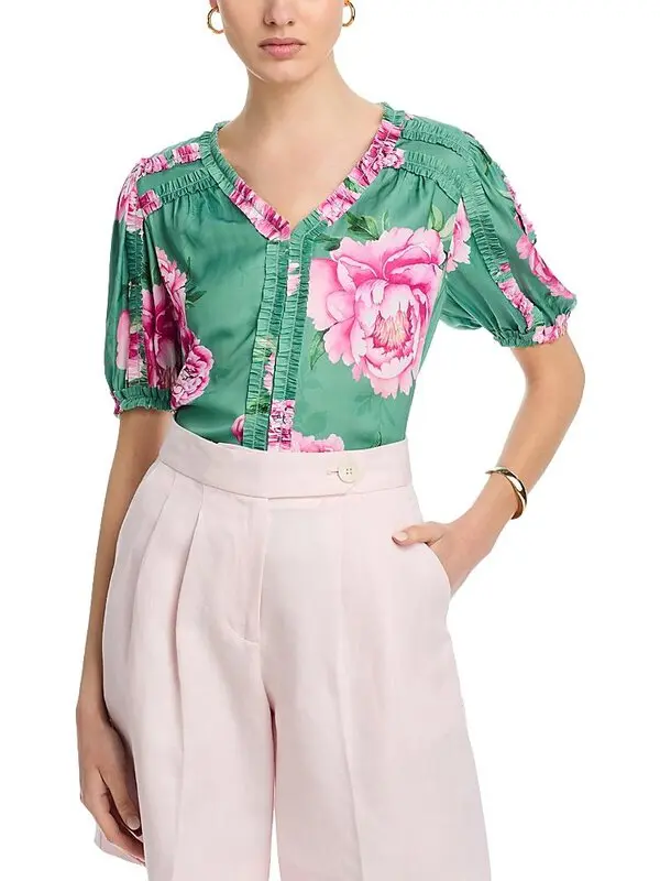 T Tahari Ruffled Floral Blouse - Pink Bouquet Garden