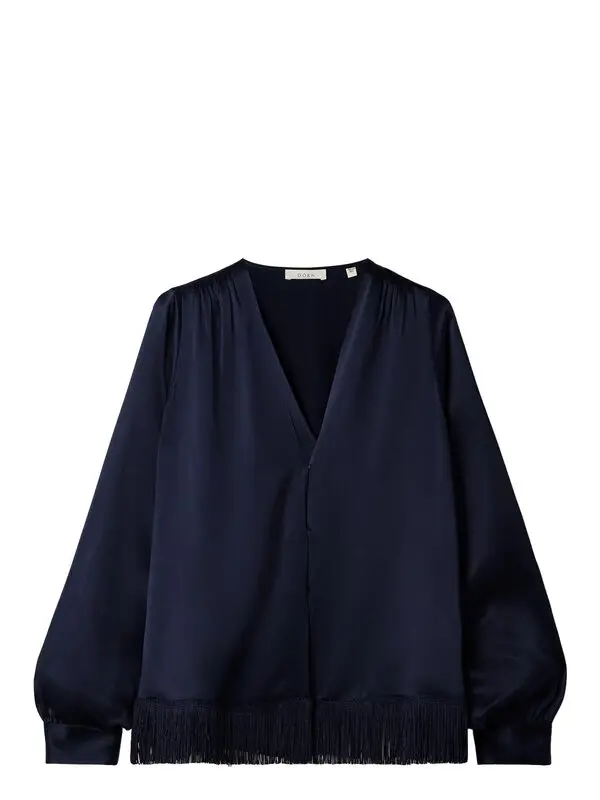 DÔEN Candace Fringed Silk-satin Blouse - Blue