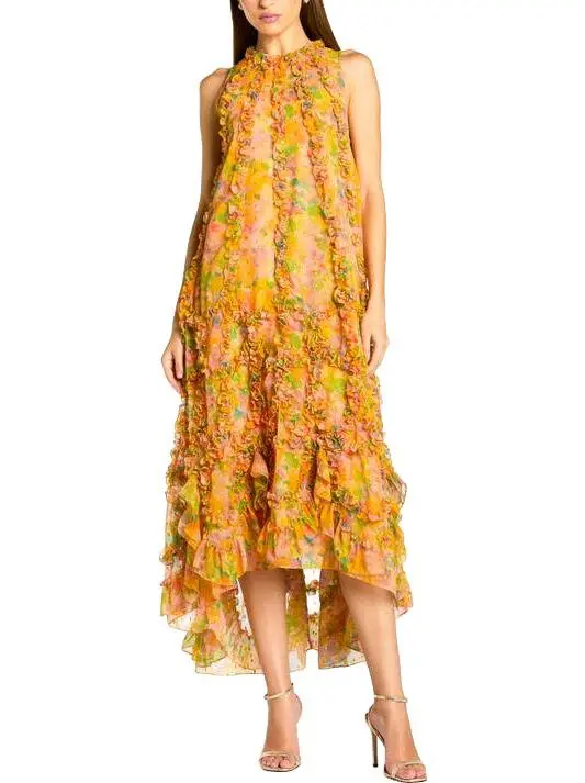 Mac Duggal Floral Ruffle High Neck Chiffon Midi Dress - Mango Multi