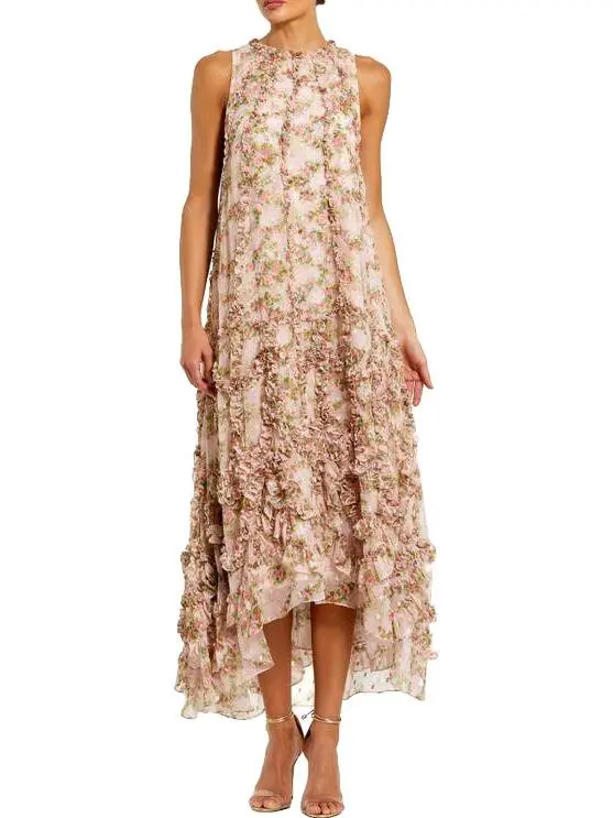 Mac Duggal Sleeveless Floral Micro Ruffle Gown - Pink Multi