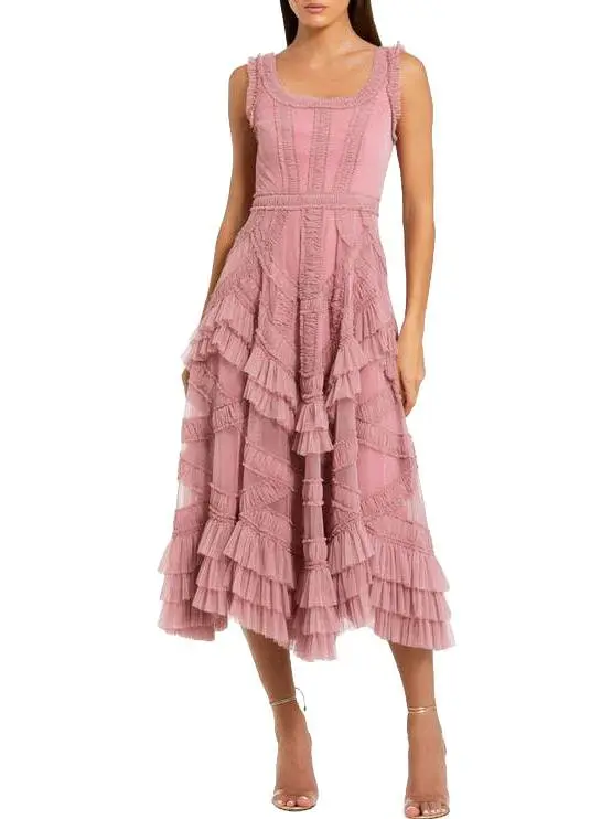 Mac Duggal Scoop Neck Sleeveless Ruffle Midi Dress - Antique Rose