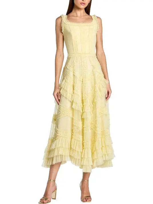 Mac Duggal Scoop Neck Sleeveless Ruffle Midi Dress - Buttercup