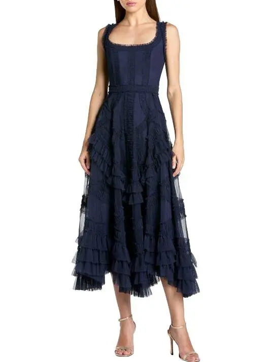Mac Duggal Scoop Neck Sleeveless Ruffle Midi Dress - Midnight