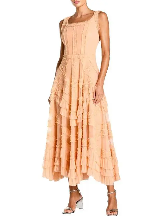 Mac Duggal Scoop Neck Sleeveless Ruffle Midi Dress - Peach