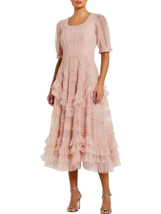 Mac Duggal Short Sleeve Mesh Ruffle Midi Dress - Porcelain