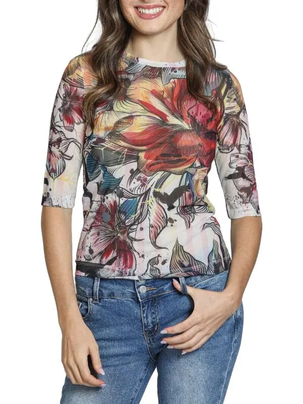 APNY Floral Print Mesh Top - Garnet/ Yellow Multi