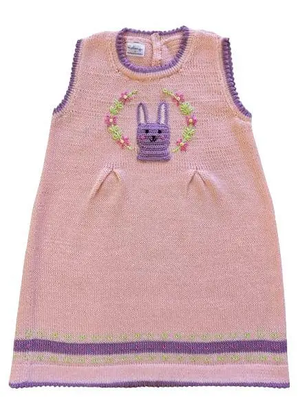MELANGE COLLECTION Hand-knit Cotton Dress With Bunny Applique - Pink