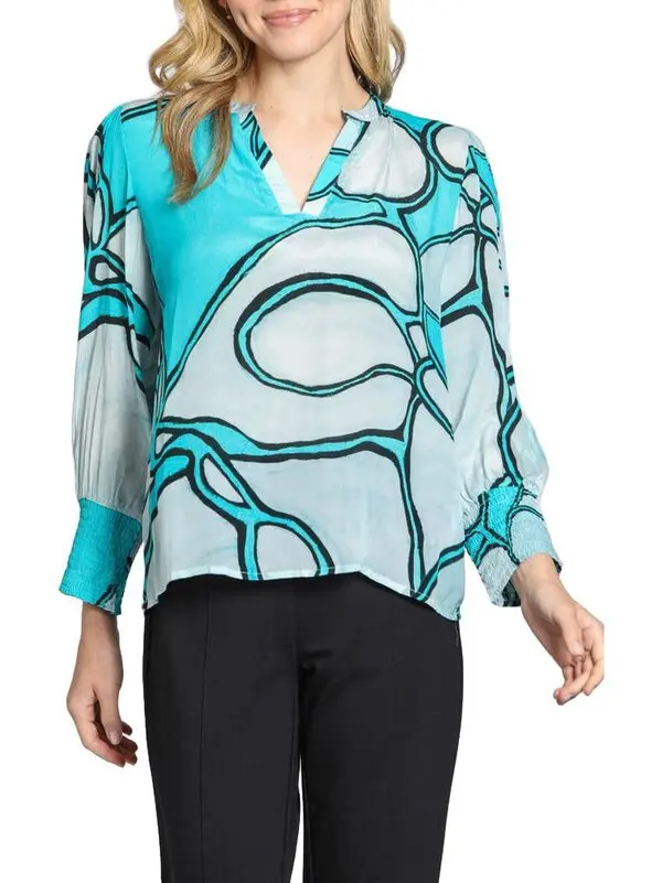 APNY Print Smocked Cuff Top - Turquoise Multi