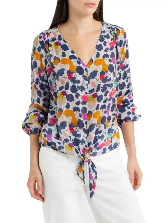 APNY Print Tie-front Top - Navy Multi