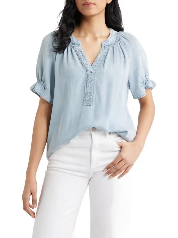 Wit & Wisdom Smocked Embroidered Top - Powder Blue
