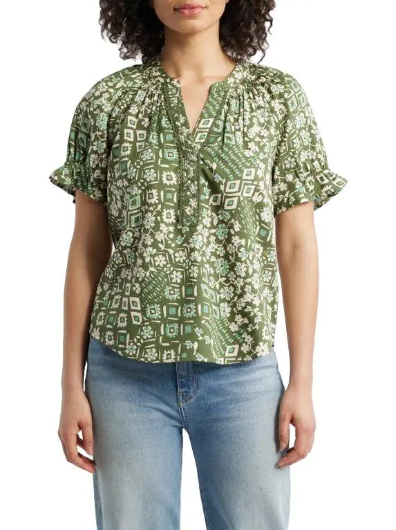 Wit & Wisdom Print Puff Sleeve Blouse - Rolling Hill Green Multi
