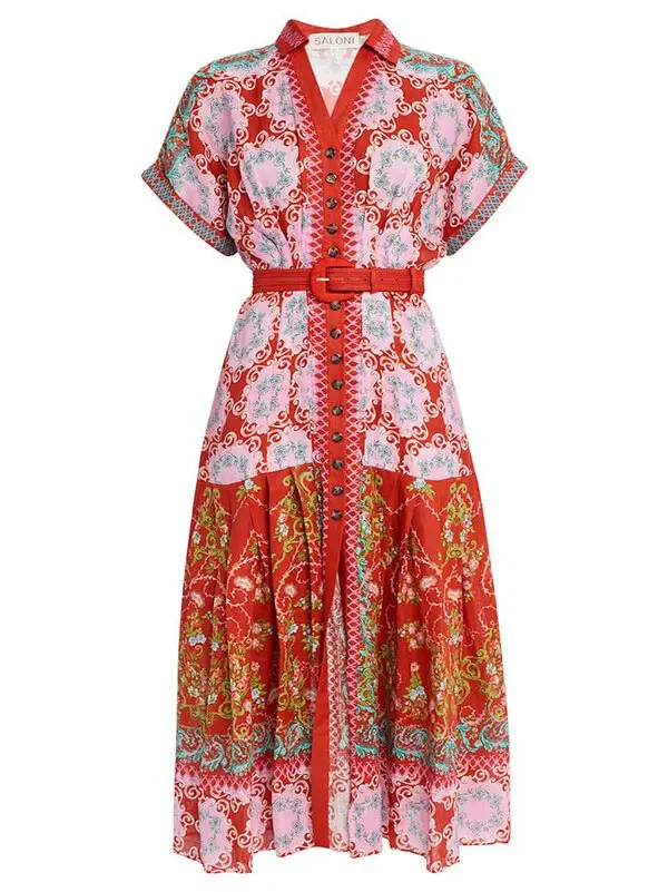 Saloni Riya-b Belted Floral Linen Maxi Shirt Dress - Cicchetti Coral Plmt