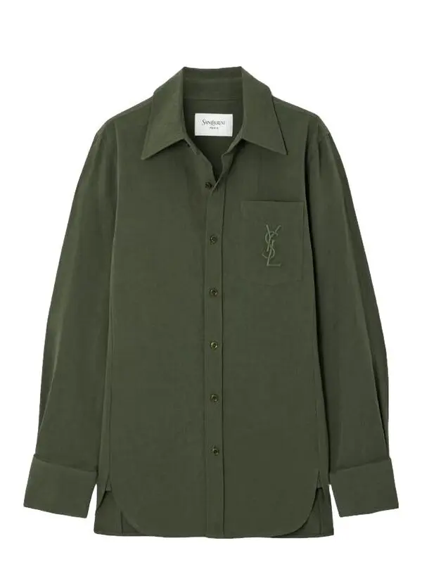 Saint Laurent Embroidered Cotton And Linen-blend Shirt - Green