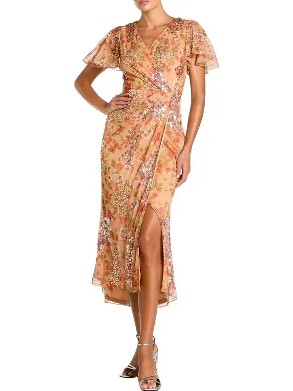 Mac Duggal Printed Mesh Faux Wrap Midi Dress - Apricot