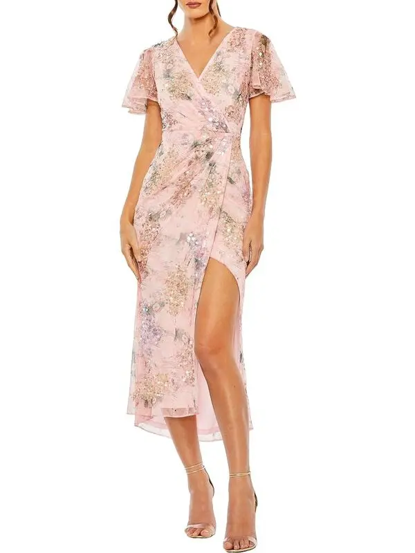 Mac Duggal Printed Mesh Faux Wrap Midi Dress - Rose