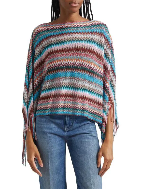 Missoni Metallic Zigzag Knit Poncho - Blue Multi