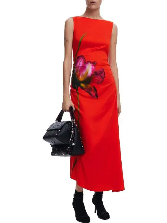 Desigual Placed Floral Sleeveless Asymmetric Midi Dress - Orange Red