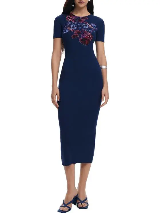 Desigual Floral Print Ribbed Midi Dress - Navy Blue
